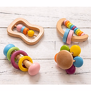 4pc Organic Colorful Baby Rattle Set Safe Food Grade Wood Rattle Soother Bracelet Teether Set Montessori Toddler Toy multicolored