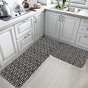 Tayney Black Geometric Kitchen Rugs and Mats Non Skid Washable Set of 2, Grid Diamond Kitchen Runner Rug, Modern Abstract Under Sink Mats for Kitchen Floor Decor