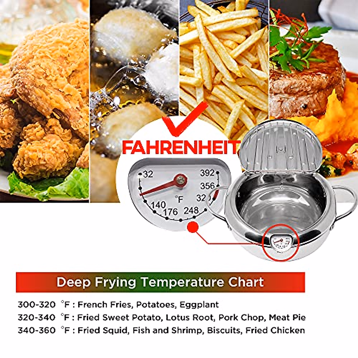 Saltlas Deep Fryer Pot (°F), 11"/4.4Qt (4.2 L) Extra Large Tempura Frying Pot with Lid, 304 Stainless Steel Fry Pot with Fahrenheit Temperature Control and Oil Drip Drain Rack