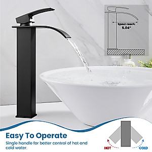 Airuida Vessel Sink Faucet, Matte Black Waterfall Spout Bathroom Faucet, Tall Single Handle One Hole Bowl Mixer Tap, Waterfall Spout Lavatory Vanity with Pop Up Drain