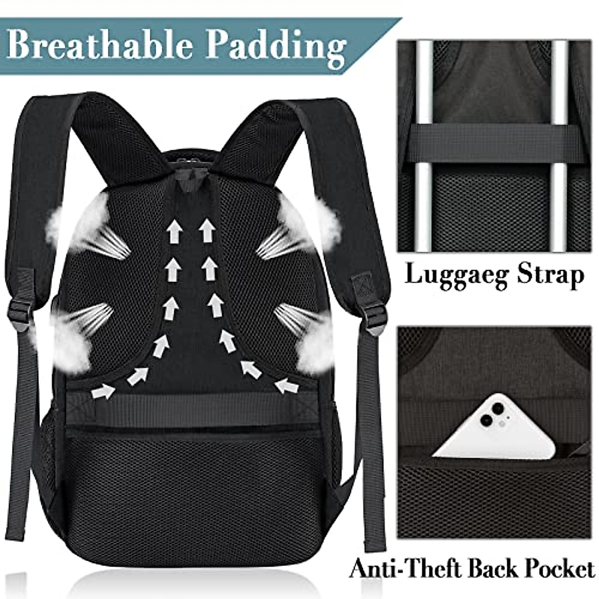 Backpack for Men, Travel Laptop Backpack for College, Computer Bag with USB Charging Port Fits 15.6 Inch Laptop, Water Resistant Durable Bookbag, Business Anti Theft Back Pack Gifts, Black