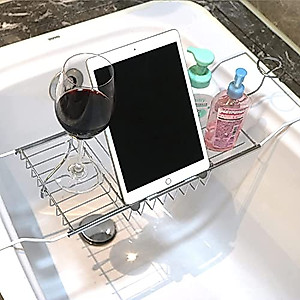 BDL Stainless Steel Bathtub Caddy Tray, Expandable Bath tub Table Shelf Bath Organizer with Reading Pad Rack or Tablet Holder, Candle Holder and Including Two Wine Glass Holders (Silver)
