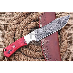 HUNTEX Handmade Hand-Forged Ladder Pattern Damascus Steel 10 Inch Long Full Tang Pakka Wood Handle Razor Sharp Hunting Camping Big Game Hunter Knife w/Genuine Leather Pouch