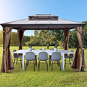 Happybuy Patio Gazebo, 10’ x 12’ Outdoor Gazebo Canopy, Patio Canopy w/Double PVC Plastic Roof, Aluminum Frame with Curtains and Netting, Shelter for Patios, Backyard, Outdoor Lawn