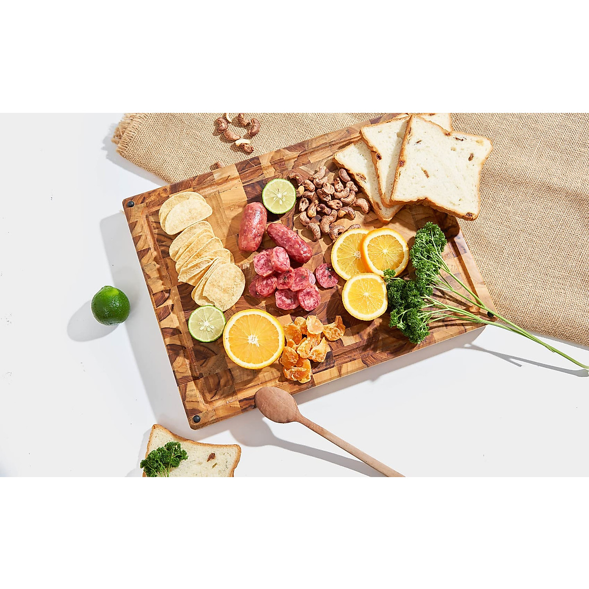 TUSO Butcher Block Cutting Board [17 x 13 x 1.5 inches ] End Grain Teak Wood Cutting Board - Reversible Multipurpose with Non-Slip Feet, Juice Groover, Sorting Compartments and Built-in Handles