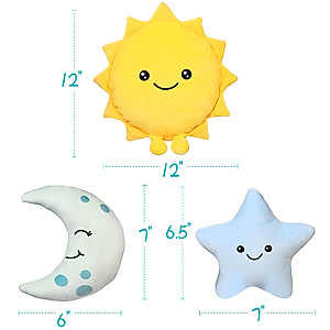 BenBen Sun Plush Toy 12 inch, Set of 3, 7 inch Stuffed Star and Moon, Cute Plushies Gift, Kids Bedroom Decorative Toy, Easter Basket Stuffers, Fun Plush Pillow for Home Décor