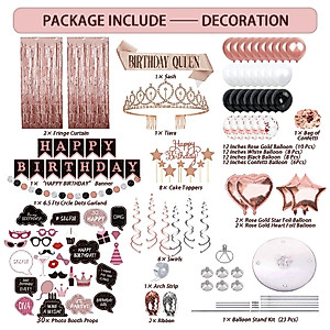 UJoyant Birthday Decorations For Women, 229 Pcs Rose Gold and Black Happy Birthday Supplies - Disposable Dinnerware Set with 25 Guest, Balloons, Sash, Tiara, Banner, Fringe Curtain, Photo Booth Props