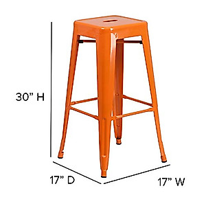 EMMA + OLIVER Commercial Grade 30" H Backless Orange Metal Indoor-Outdoor Barstool, Square
