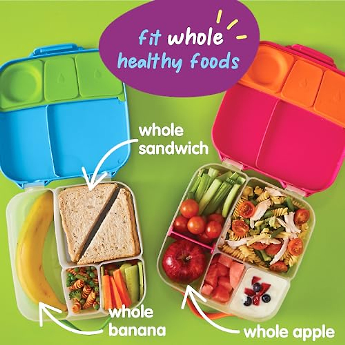 b.box Oversized Lunch Box for Kids: Bento Box w/ 4 Compartments (2 Leak Proof), Removable Divider & Gel Pack. Ideal for Big Eaters 3+. School Supplies, 8½ Cup Capacity