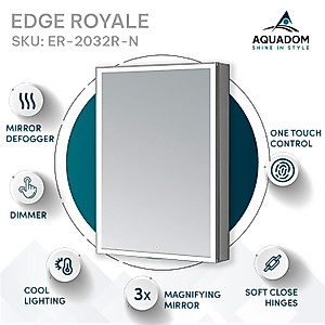 AQUADOM Edge Royale, LED Medicine Cabinet with Defogger, Electrical Outlets, Dimmer, Adjustable LED 3X Magnifying Mirror and Surface Or Recessed Mount. (20W x 32H x 5D Right Hinge)