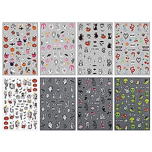 JMEOWIO 8 Sheets Halloween Nail Art Stickers Decals Self-Adhesive Pegatinas Uñas Pink Skull Cute Horror Ghost Spider Web Bat Pumpkin Spook Nail Supplies Nail Art Design Decoration Accessories