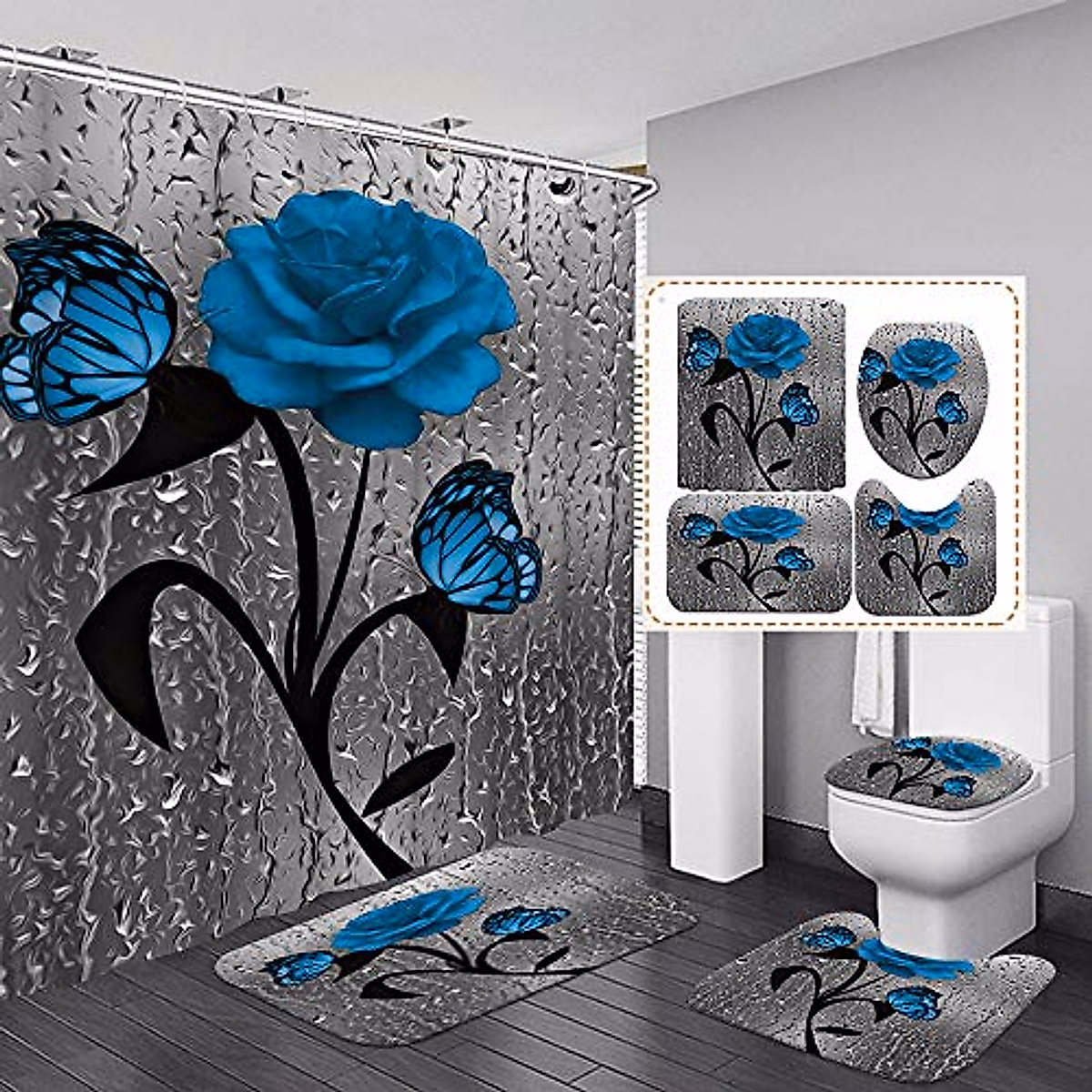 HOOHAA Rose Flower with Butterfly Shower Curtain Sets with Rugs, Toilet Lid Cover and Bath Mat Simple Floral Pattern Modern Bathroom Home Decor Pack of 4 (Blue)