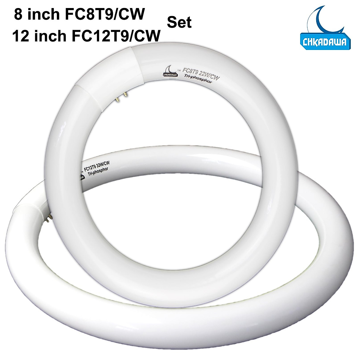 FC8T9/CW 22W and FC12T9/CW 32W Cool White Round Fluorescent Light Bulb Set, 8 inch T9 22 Watts & 12 inch 32 Watts Circular Bulbs Pack, Circline Kitchen and Bath Light Bulbs, CRI 80, 4100K, G10q Prong