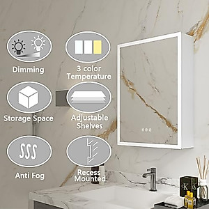 Elephmirr Vanity Mirror Bathroom Storage Medicine Cabinet with Lights Anti Fog,20x26 Inch,Recessed Smart led Small Mirrors Wall Metal Magnifier﹐with Left Doors Eectrical Outlet USB,Surface Mount
