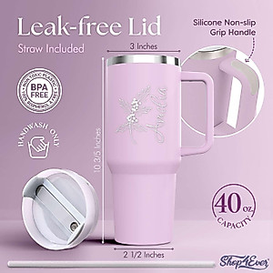 Custom Personalized Birth Flower Flower Your Name Engraved Insulated Stainless Steel Tumbler with Handle, Lid, and Straw 40 oz. Birthday Gift for Her