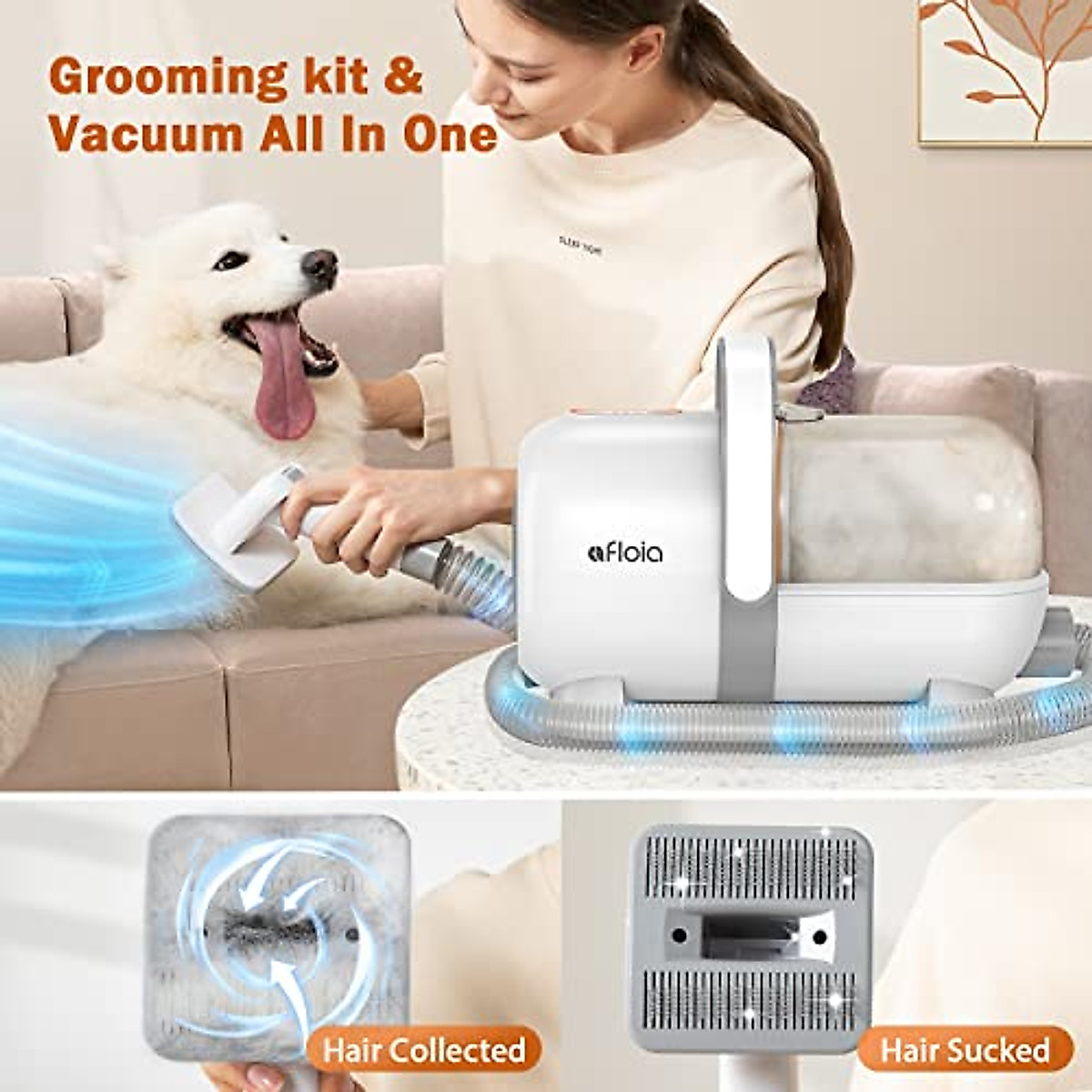 Afloia Dog Grooming Kit, Pet Grooming Vacuum & Dog Clippers Nail Trimmer Grinder & Dog Brush for Shedding with 7 Pet Grooming Tools, Low Noise Dog Hair Remover Pet Grooming Supplies
