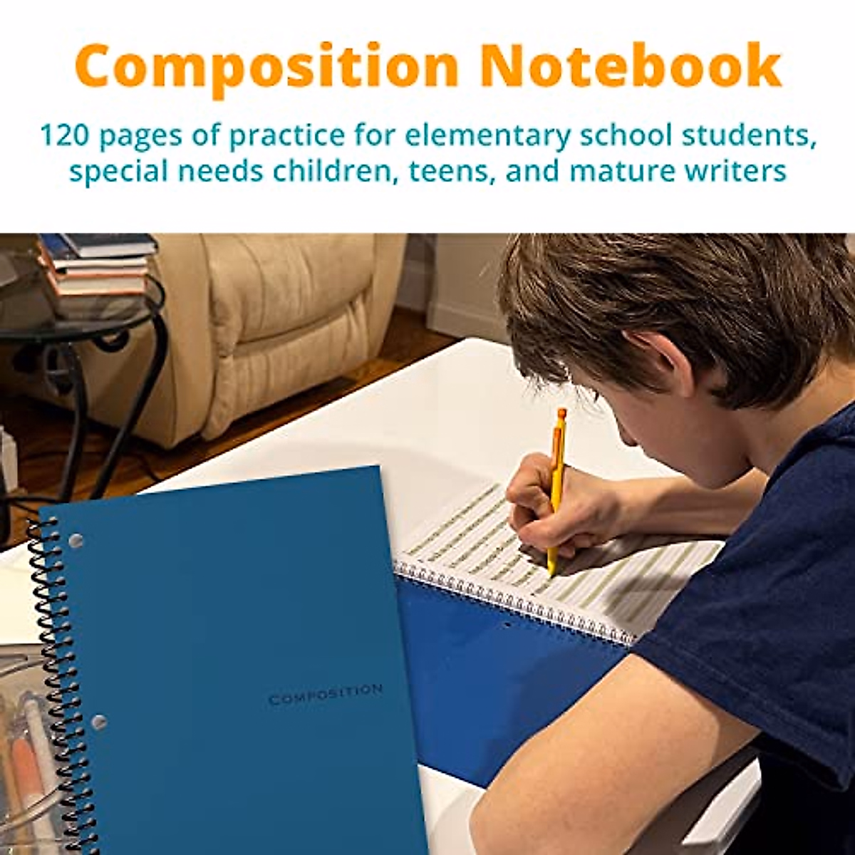 Channie's Youth Composition Notebook - Handwriting Practice, Improvement Journal for Kids, Older Learners, & Special Needs Students, Calligraphy Workbook with Special Writing Blocks, Blue