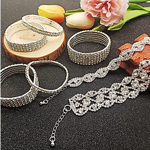 Jewdreamer 7PCS Rhinestone Bracelets for Women Cubic Zirconia Tennis Stretch Bracelet Bangle Bling Bikini Crystal Bracelet Sliver Sparkly Bridal Wedding Jewelry Bracelet Set