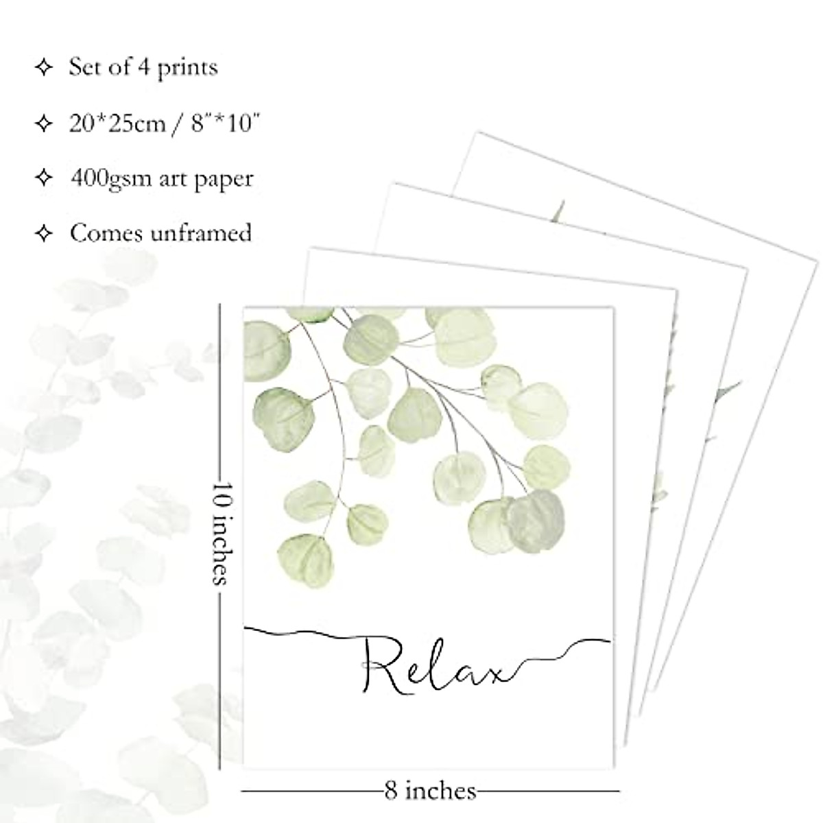 Botanical Plant Bathroom Decor Wall Art Prints , UNFRAMED Relax Wall Painting Art, Sage Green Wall Art Prints for Bathroom, Eucalyptus Leaves Watercolor Wall Posters, Boho Minimalist Wall Art, Set of 4, 8"x10"