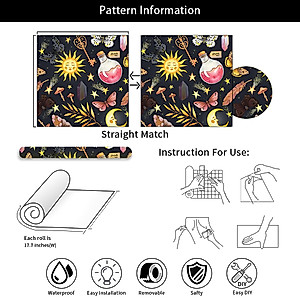 BEETAL Black Navy Fantasy Magical Sun Moon Crystal Butterfly Mushroom Stars Peel and Stick Wallpaper Easy Peel Off Contact Paper Stick on Adhesive Wall Paper for Bathroom Waterproof Renter