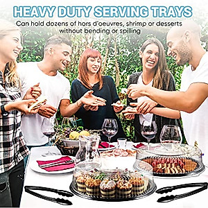24 Sets 16 Inch Catering Trays with Lids Plastic Serving Trays with 24 Lids and 24 Plastic Serving Tongs Disposable Stackable Trays Black Round Catering Trays for Party Picnic Appetizers Takeout Food