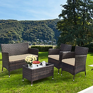 RELAX4LIFE 4-Piece Patio Furniture Set - Wicker Rattan Chairs w/Tempered Glass Coffee Table & Seat Cushions, Sofa Set for Garden Backyard Porch Balcony, Outdoor Conversation Set (Brown, 1)
