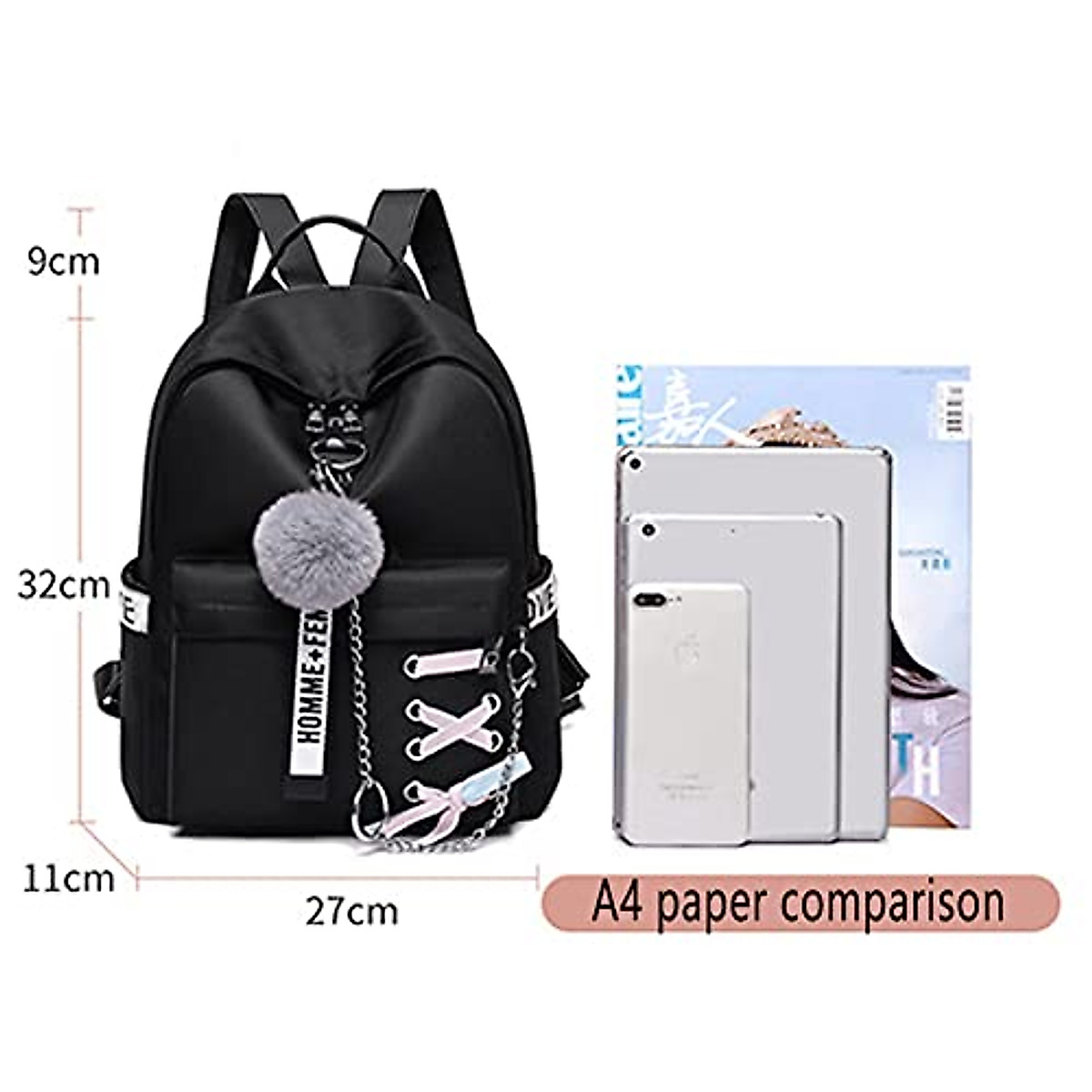 FENGJINRUHUA Mini Fashion Casual Ladies Bowknot Backpack Wallet Lightweight Travel School Shoulder Bag with Pompon (black)