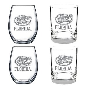 RFSJ Florida Gators 4 Piece Satin Etched Glass combo set includes two wines (juice) and two rocks (beverage) glasses
