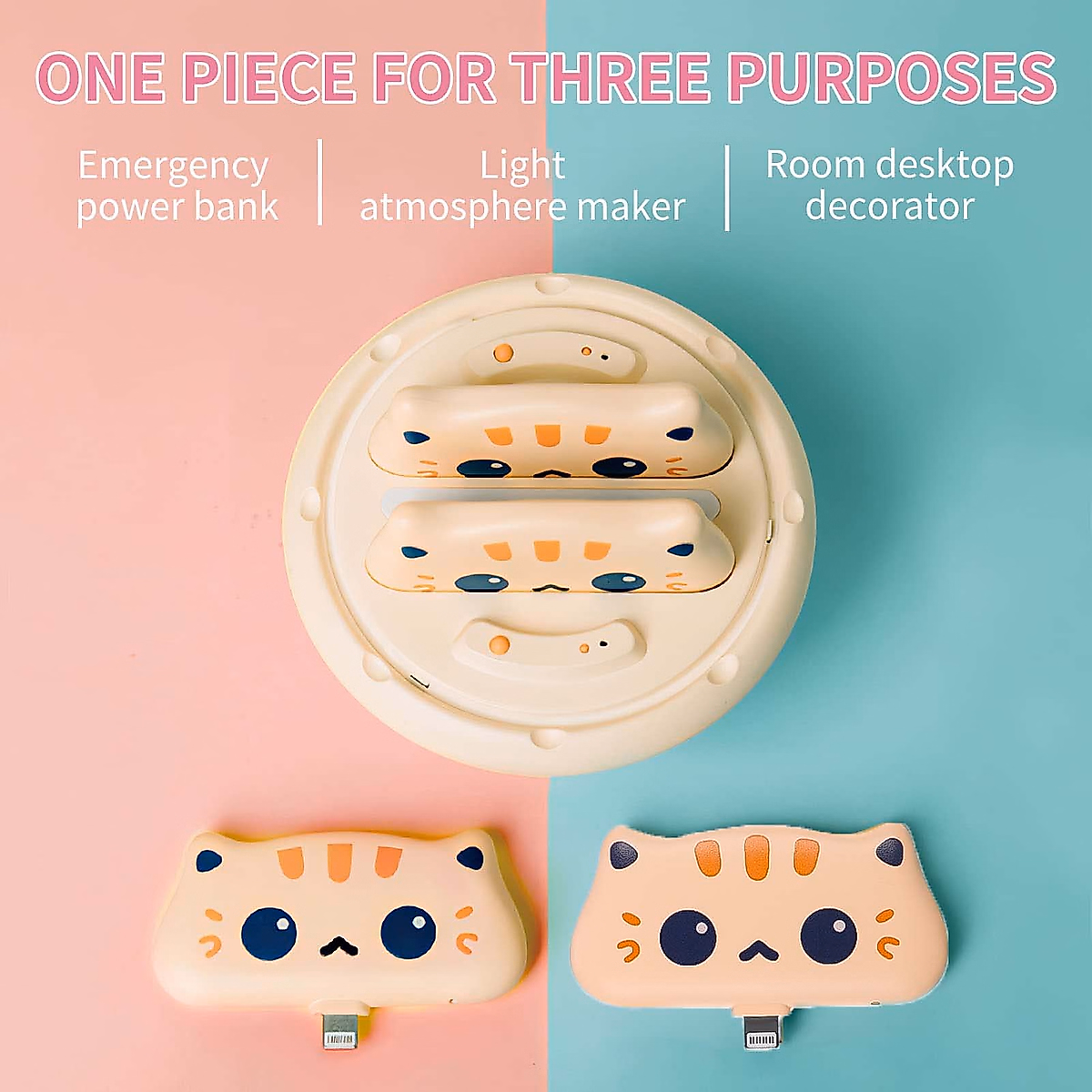 Small Cute Portable Charger, 2 pcs Cute Cat Mini Power Bank with LED Night Light External iOS Portable Phone Charger Battery Pack Emergency Cute Battery Pack Compatible with iPhone 14 (iOS Lightning)