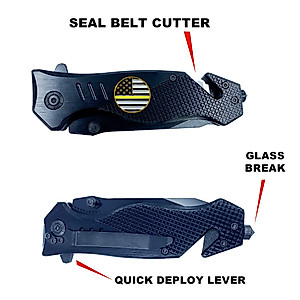 LEO Challenge Coins Thin Gold Line Police Collectible 3-in-1 Tactical Officer Rescue Knife with Seatbelt Cutter, Steel Serrated Blade, Glass Breaker 911 Emergency Dispatcher Thin Yellow line
