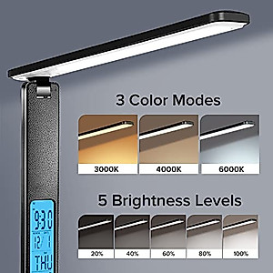 LAOPAO Desk Lamp, LED Desk Lamp with Wireless Charger, USB Charging Port, Adjustable Foldable ​Table Lamp with Clock, Alarm, Date, Temperature, 5-Level Dimmable ​Lighting​, Office Lamp with Adapter