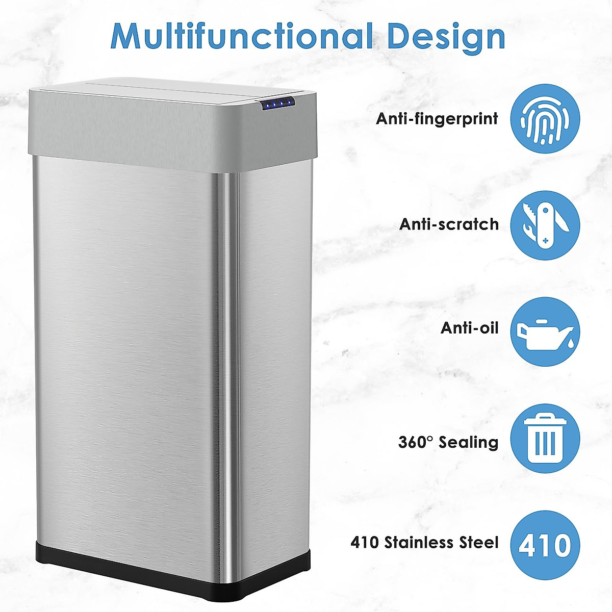 Arlopu 18.5 Gal Automatic Trash Can, 70L Stainless Steel Motion Sensor Garbage Bin, Touchless Brushed Wastebasket, W/Butterfly, Soft-Close Lid, for Living, Dinning Room, Kitchen (Silver)