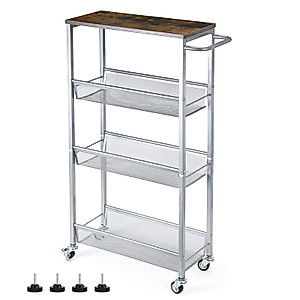 NANANARDOSO Slim Rolling Cart, Narrow Cart with Wood Top, 7.3'' Deep, Metal Handle and Wire Mesh Kitchen Cart for Narrow Space on Kitchen, Bathroom, Silver.