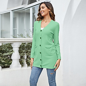 Women's Open Front V-Neck Soft Knit Cardigan Button Down Long Sleeve Sweater with Pockets Mustard Green
