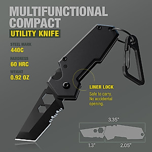 Mini Keychain Knife with Carabiner - 2" Tanto Serrated Blade - Black Multitool with Bottle Opener - Box Cutter - Liner Lock - Legal Small Pocket Knife for Men - EDC Foldings Knives for Gifts 2248