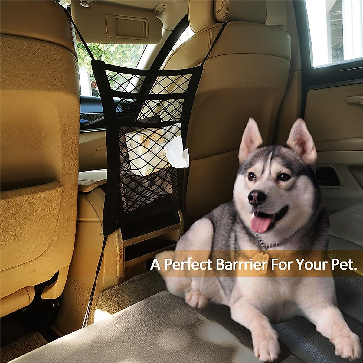 Dog Car Net Barrier with Auto Safety Mesh Organizer Baby Stretchable Storage Bag Between Seats Universal for Cars, SUVs -Easy Install,Safer to Drive with Children and Pets… (3 Layers)