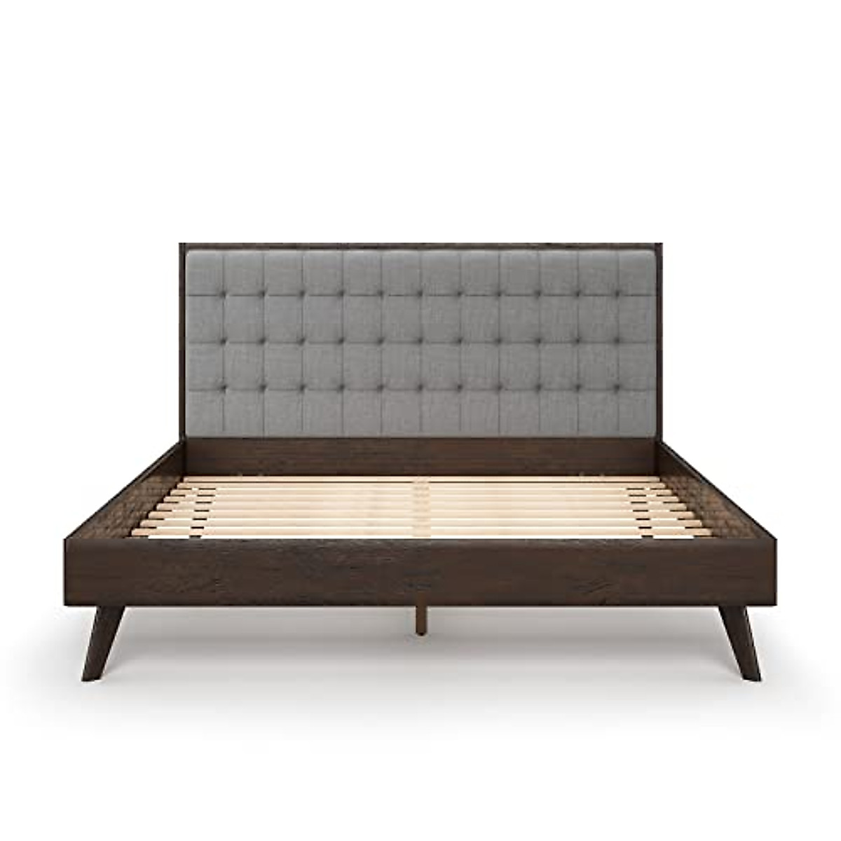 DG Casa Soloman Mid Century Modern Upholstered Platform Bed Frame with Square Button Tufted Headboard and Full Wooden Slats, Box Spring Not Required - King Size in Gray Fabric