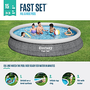Bestway Fast Set 15' x 33" Round Inflatable Outdoor Above Ground Swimming Pool Set with 530 Gallon Filter Pump and Repair Patch, Gray Rattan