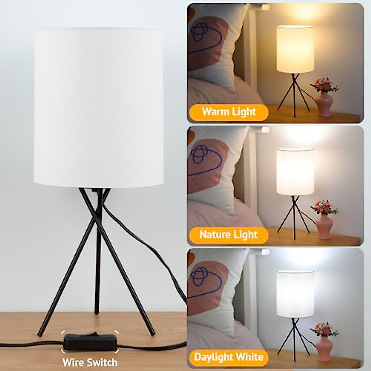 FOLKSMATE Bedside Table Lamp with Black Metal Base, Modern Small Desk Lamp, Nightstand Lamp with White Linen Fabric Lampshade, Side Table Lamp for Bedroom Living Room Home Office, Bulb Not Included