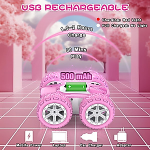Pink Remote Control Car for Girls, RC Cars for Kids with DIY Sticker & Colorful Lights, 2.4Ghz Double Sided 360° Flips 4WD Stunt Car, Rechargeable Toy Cars for Girl Ages 4-6 5-7 6-8 8-12 Birthday Gift