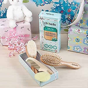 Chibello 4 Piece Wooden Baby Hair Brush and Comb Set Natural Goat Bristles Brush for Cradle Cap Treatment Wood Bristle Brush for Newborns and Toddlers Perfect for Baby Shower and Registry