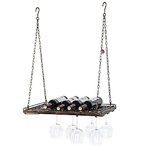 MyGift Ceiling Mount Hanging Wine Glass Holder Rack, Bronze Metal Stemware and Wine Bottle Shelf with Decorative Vineyard Cutout Design