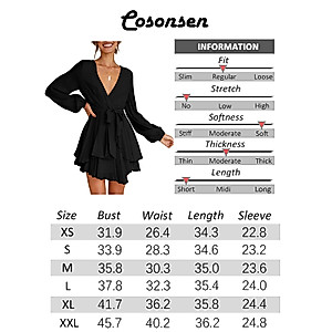 Cosonsen Womens Short Dresses Deep V-Neck Long Sleeve Flare Hem Mini Dress Green XL
