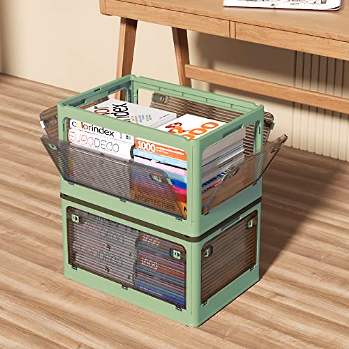 ANMINY Lidded Plastic Storage Bin 5-Door Collapsible Stackable Portable Crate Clear Storage Box Container Basket with Wheels Handles Lid for Outdoor Grocery Travel Car Truck Use - Green, Small