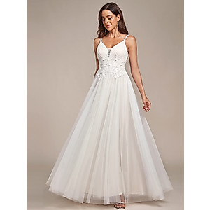 Ever-Pretty Women's Ruched Tulle Embroidered Lace Long Summer Evening Party Dresses for Wedding White US16