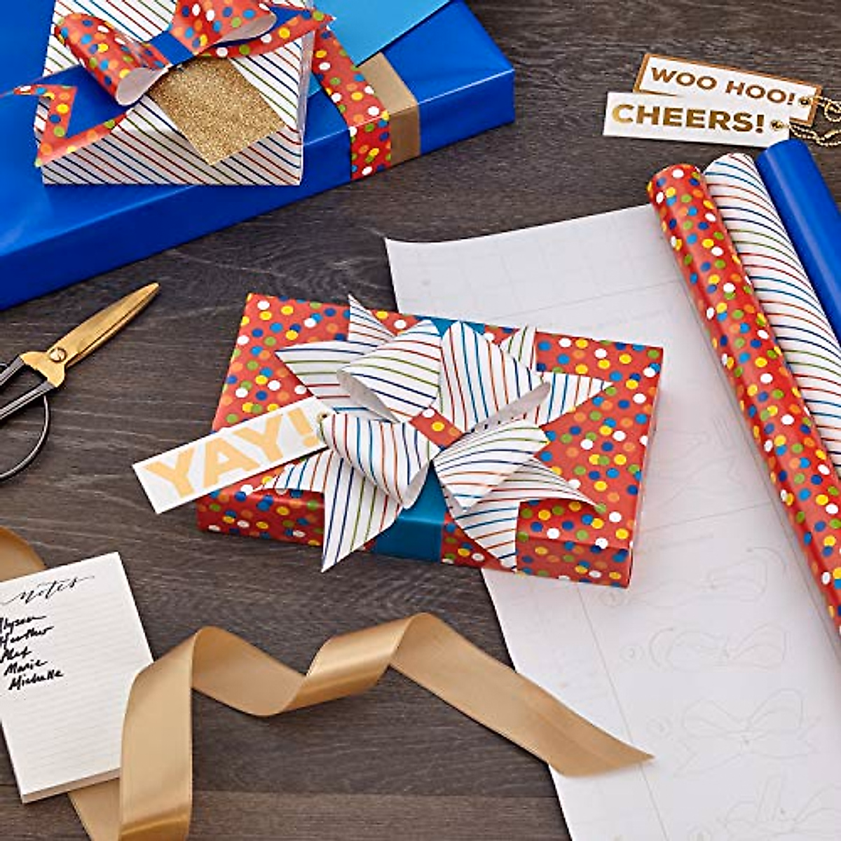 Hallmark Birthday Wrapping Paper with Templates for Handmade Bows on Reverse (3-Pack: 75 sq. ft. ttl) Royal Blue, Rainbow Stripes, Colorful Confetti
