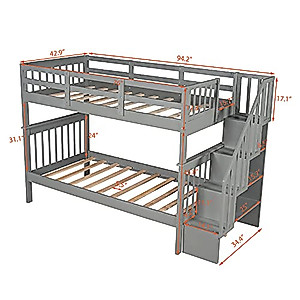 Harper & Bright Designs Twin Over Twin Bunk Beds with Stairs Wood Bunk Bed Frame with Storage Shelves for Kids Boys Girls Teens, Can be Divided into 2 Beds, Gray