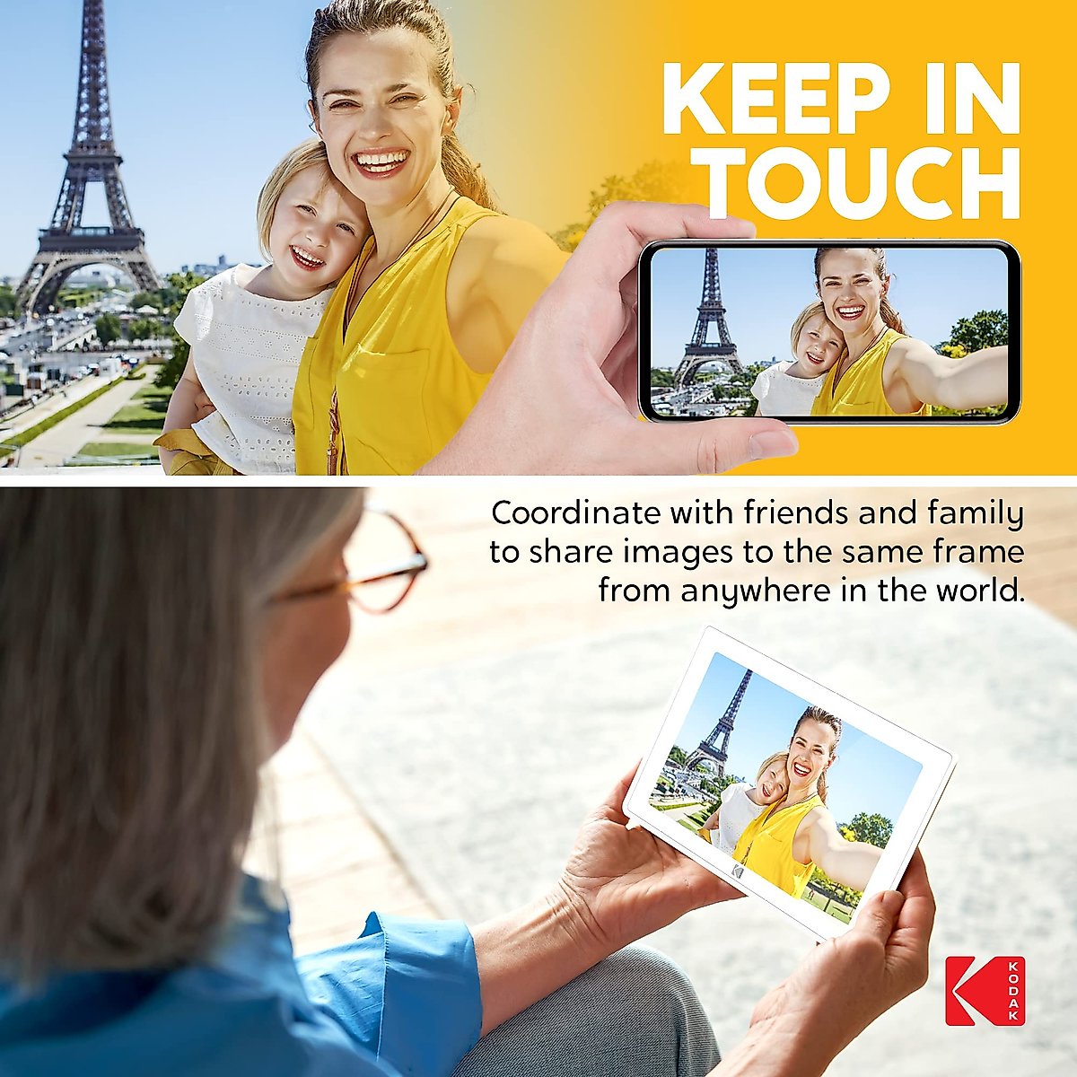 Kodak 10-Inch Touch Screen Digital Picture Frame, Wi-Fi Enabled with 16GB of Internal Memory, HD Photo Display and Music/Video Support Plus Clock, Calendar, Weather and Location Updates - Whilte