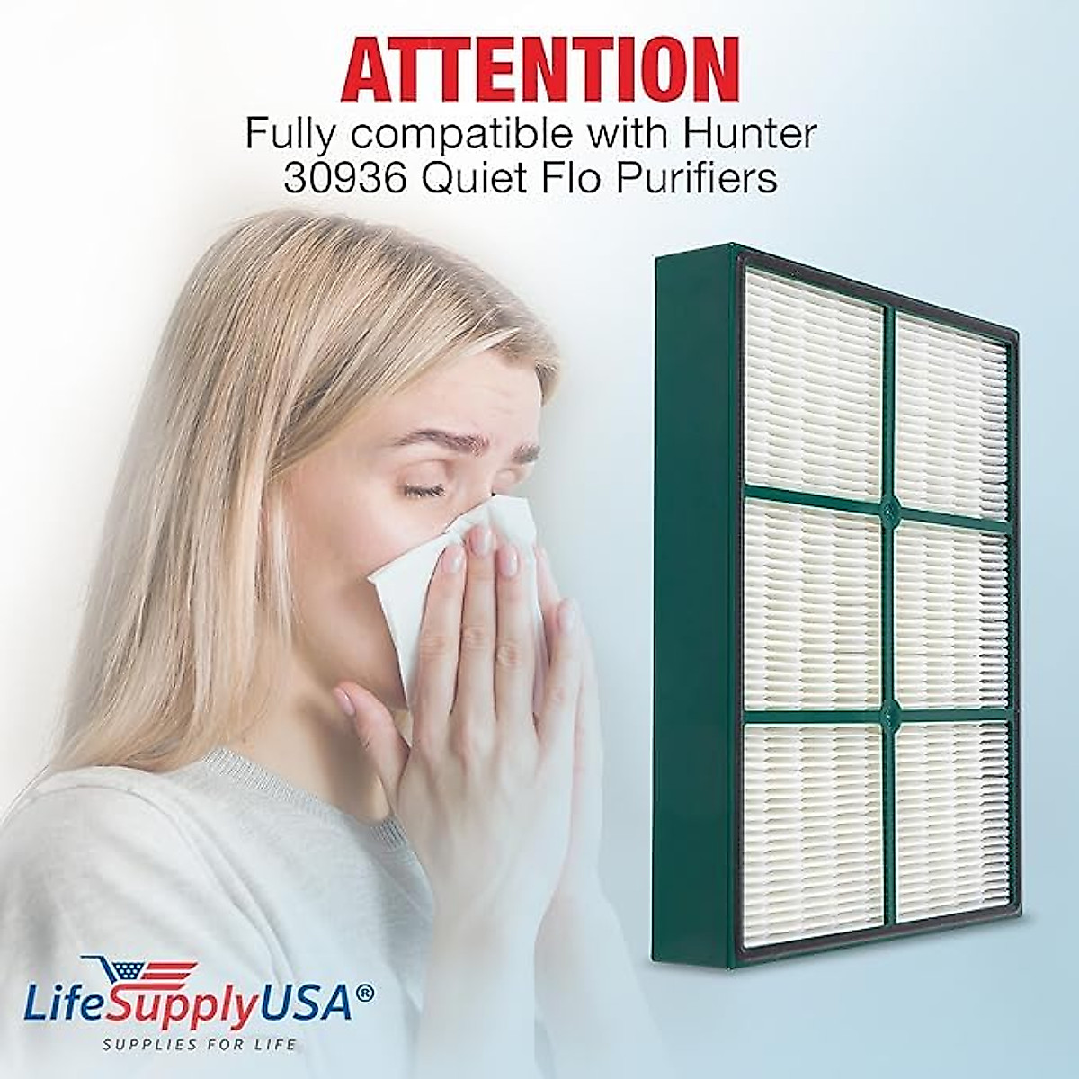 LifeSupplyUSA HEPAtech Filter Replacement Compatible with Hunter 30936 Quiet Flo Air Purifiers 30058 30085 30090 30095 30105 30117 30119 30130 36095 36117 36127 37090 30999