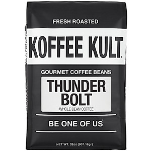 Koffee Kult Thunder Bolt Dark Roast Coffee Beans, Whole Bean, Fresh Roasted, 100% Arabica Robust Blend of Colombian And Brazil Whole Beans Bulk 32oz